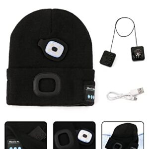 Unisex Bluetooth Beanie Hat with Light, Upgraded Musical Knitted Cap with Headphone and Built-in Stereo Speakers & Mic, LED Hat for Running Hiking, for Men Women Dad (Black)