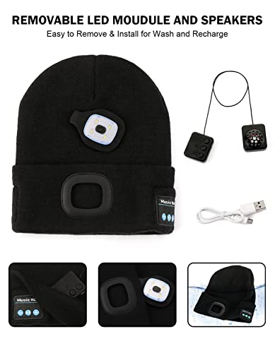 Unisex Bluetooth Beanie Hat with Light, Upgraded Musical Knitted Cap with Headphone and Built-in Stereo Speakers & Mic, LED Hat for Running Hiking, for Men Women Dad (Black)