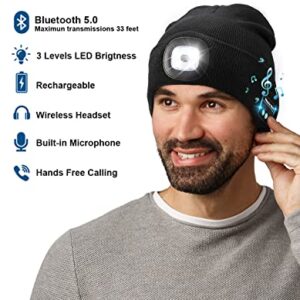 Unisex Bluetooth Beanie Hat with Light, Upgraded Musical Knitted Cap with Headphone and Built-in Stereo Speakers & Mic, LED Hat for Running Hiking, for Men Women Dad (Black)