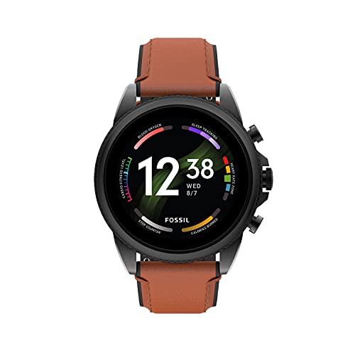 Fossil Unisex Gen 6 44mm Stainless Steel and Leather Touchscreen Smart Watch, Fitness Tracker, Color: Black, Brown (Model: FTW4062V)