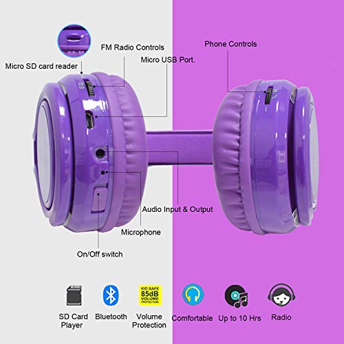 Contixo KB-2600 Premium Headphones for Kids - 85db Volume Limiter - Over-Ear and Build-in Mic Wireless Children Headphones for Boys - Foldable Heaphones for iPhone/iPad/Smartphones/Laptop/PC (Purple)