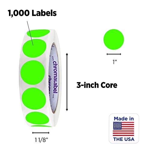 ChromaLabel 1 Inch Round Label Permanent Color Code Dot Stickers, 1000 Labels per Roll, Fluorescent Green