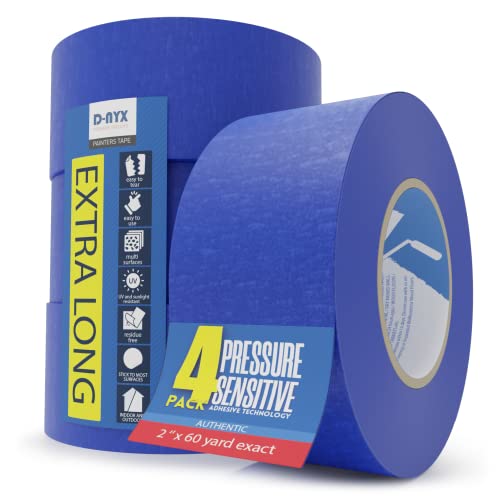 D-NYX 4 Pack Professional Painters Tape 2 inch x 60 Yards | Sharp Edge Line Technology | Residue-Free Multi-Surface Blue Painter Tape | Paper Masking Paint Tape for Wall Art Renovation (240 Total Yd)