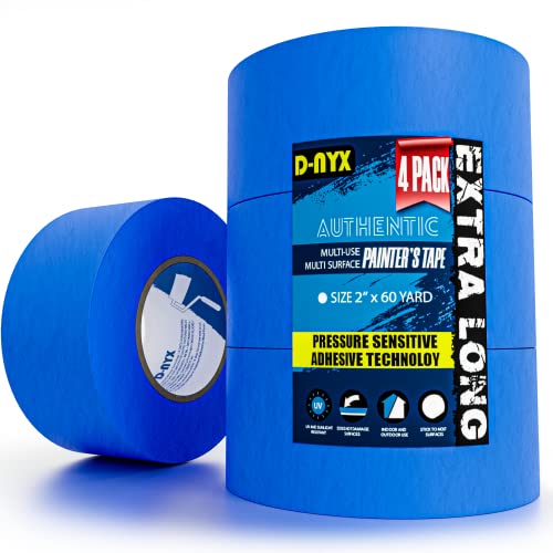 D-NYX 4 Pack Professional Painters Tape 2 inch x 60 Yards | Sharp Edge Line Technology | Residue-Free Multi-Surface Blue Painter Tape | Paper Masking Paint Tape for Wall Art Renovation (240 Total Yd)