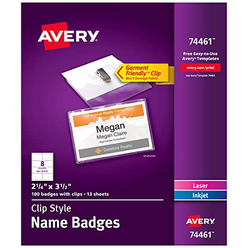 Avery Clip Name Badges, Print or Write, 2.25" x 3.5", 100 Inserts & Badge Holders with Clips (74461)