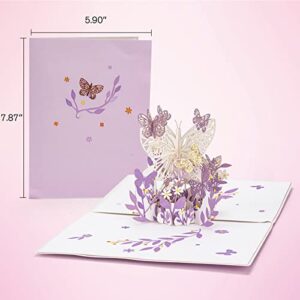 Bajayvovo Purple Butterfly Birthday Pop Up Card, Butterfly Flower 3D Greeting Card Butterfly Gift for Women Wife Girl Daughter, Mothers Day Thinking of You Anniversary, All Occasion