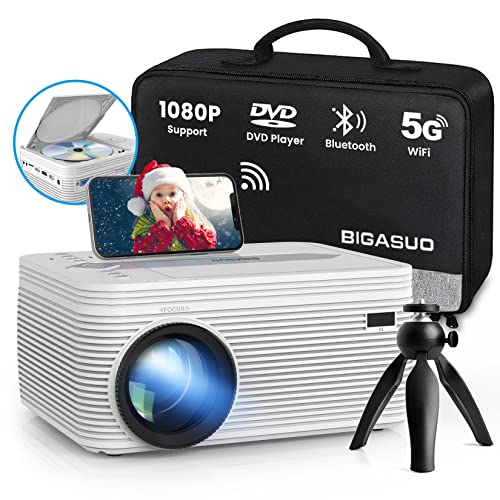 BIGASUO 5G WiFi Projector with DVD Player - 1080P Supported Home Projector with Bluetooth & Zoom, Portable Outdoor Movie Projector with Carry Bag & Tripod Compatible with Phone/Laptop/PS4/TV Stick