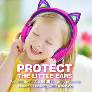 FosPower Bluetooth Kids Headphones with 3.5mm Audio Cable Included, Up to 50 Hours of Playtime & LED Light Up Ears, Wireless or Cable Connected Headphones for Kids (Max 85dB) - Hot Pink/Purple