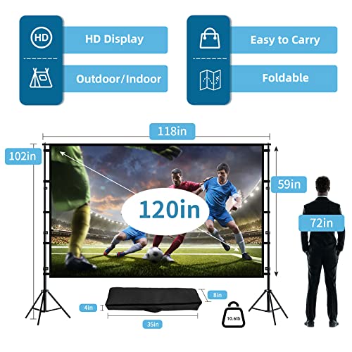 Projector Screen and Stand,Towond 120 inch Outdoor Projection Screen, Portable 16:9 4K HD Rear Front Movie Screen with Carry Bag Wrinkle-Free Design for Home Theater Backyard Cinema