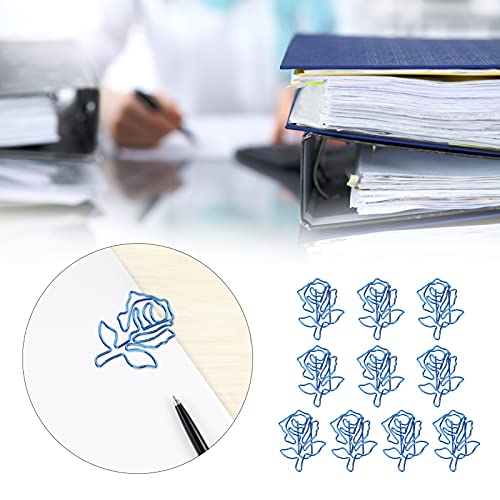 10Pcs Metal Paper Clips, Blue Roses Shaped Paperclip, Metal Paper Clamps Flower Paper Clip for Bookmark Notebook Agenda Book