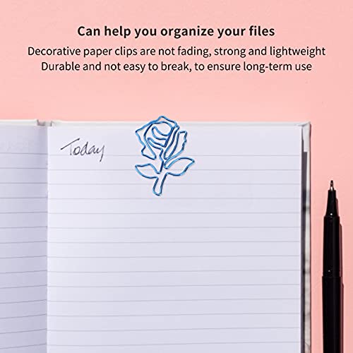 10Pcs Metal Paper Clips, Blue Roses Shaped Paperclip, Metal Paper Clamps Flower Paper Clip for Bookmark Notebook Agenda Book