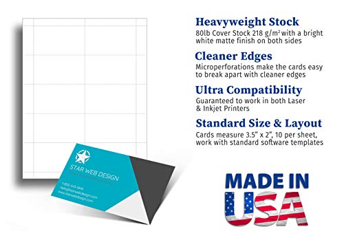 Heavyweight White Blank Business Card Paper - 100 Sheets / 1000 Business Cards - 80lb Cover / 218 gsm - Inkjet & Laser Printer Compatible - Standard 3.5 x 2 Inches