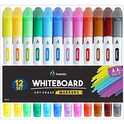 Dry Erase Markers for Whiteboard - Dual Tip White Board Markers, Ultra Fine Tip Markers - Fine Point Erasable Markers for Kids - 12 Set