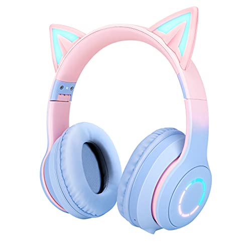 QearFun Cat Ear Kids Bluetooth Headphones for Girls for School, Foldable Wired Gaming Headset with Microphone & 3.5mm Jack, Adjustable Headband Teens Toddlers Wireless Earphones for Tablet/PC Pink