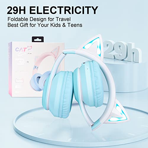 QearFun Cat Ear Kids Bluetooth Headphones for Girls for School, Foldable Wired Gaming Headset with Microphone & 3.5mm Jack, Adjustable Headband Teens Toddlers Wireless Earphones for Tablet/PC Pink