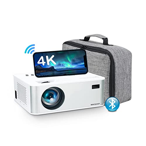 NIKISHAP Projector with WiFi and Bluetooth, Small Projector 4K Outdoor Movie Projector Short Throw, Smart Phone 1080P Projector Compatible with HDMI, VGA, USB, TV Stick, iOS, Android, PC, Laptop