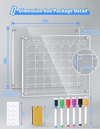 Acrylic Magnetic Dry Erase Calendar Board for Fridge, 16''x12'' Monthly Calendar&Blank Dry Erase Board for Fridge, 90% Stronger-Magnetic Whiteboard Planner Also for Stainless Steel 6 Markers 1 Eraser