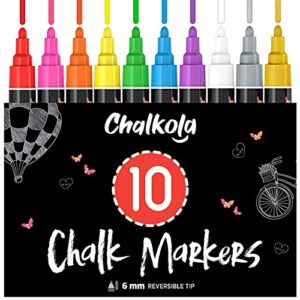 chalkola liquid chalk markers erasable (10 pack) w/ gold & silver – washable paint chalk pens for chalkboard signs, blackboard, car window, bistro, glass, board – neon wet wipe 6mm reversible bold tip