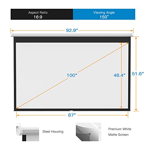 Projector Screen 100 Inch 16:9 - Auto-Locking Portable Projection Screen for 4K 3D 1080P HD - Manual Projector Screen Pull Down for Indoor Outdoor Home Theater Office Movies by PERLESMITH