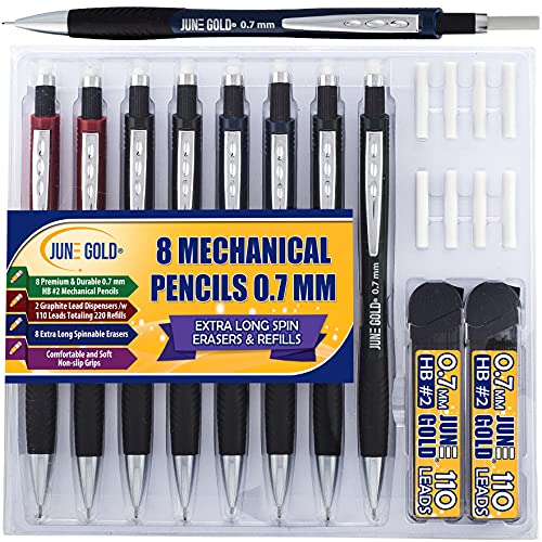 June Gold 8 Pack 0.7 mm HB #2 Mechanical Pencils, Extra Long Spin Eraser, 2 Lead Dispensers/w 220 Refills & 8 Refill Erasers, Break Resistant Lead, Soft Non-Slip Grip