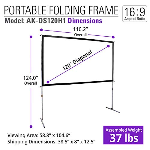 Akia Screens 120 inch Portable Outdoor Projector Screen with Stand and Bag 16:9 8K 4K Ultra HD 3D Adjustable Height Foldable Projection Screen Silver for Movie Video Home Theater AK-OS120H1