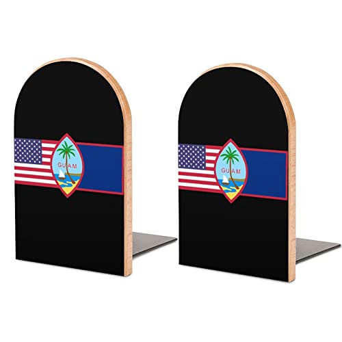 Guam Flag & American Flag Wood Book Ends for Shelves Non-Skid Bookend Book Stand Book Holder Stopper for Home Office School