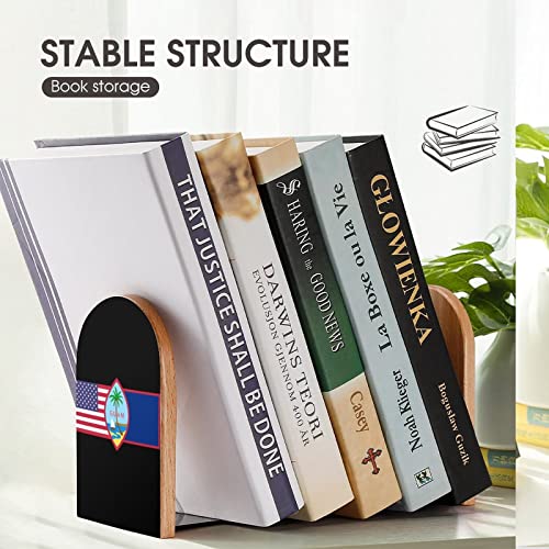 Guam Flag & American Flag Wood Book Ends for Shelves Non-Skid Bookend Book Stand Book Holder Stopper for Home Office School