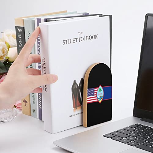 Guam Flag & American Flag Wood Book Ends for Shelves Non-Skid Bookend Book Stand Book Holder Stopper for Home Office School