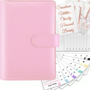 sooez [pastel collection] money organizer for cash, a6 leather budget binder with zipper envelopes, 43 large rose gold sticky labels & extra thick expense sheets, money saving binder for budgeting