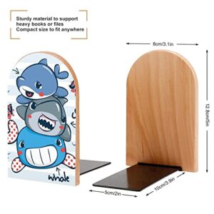 Cartoon Whale Shark Dolphin Striped Wood Book Ends for Shelves Non-Skid Bookend Book Stand Book Holder Stopper for Home Office School