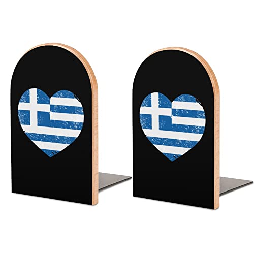 Greece Heart Love Retro Flag Wood Book Ends for Shelves Non-Skid Bookend Book Stand Book Holder Stopper for Home Office School