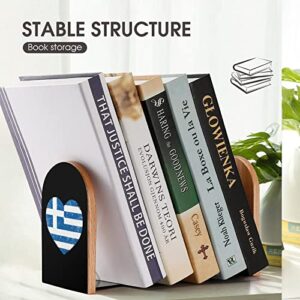 Greece Heart Love Retro Flag Wood Book Ends for Shelves Non-Skid Bookend Book Stand Book Holder Stopper for Home Office School