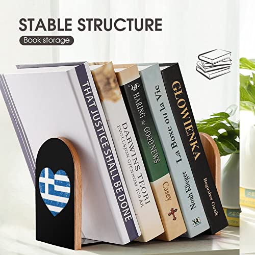 Greece Heart Love Retro Flag Wood Book Ends for Shelves Non-Skid Bookend Book Stand Book Holder Stopper for Home Office School