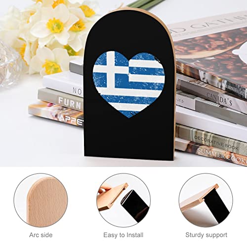 Greece Heart Love Retro Flag Wood Book Ends for Shelves Non-Skid Bookend Book Stand Book Holder Stopper for Home Office School