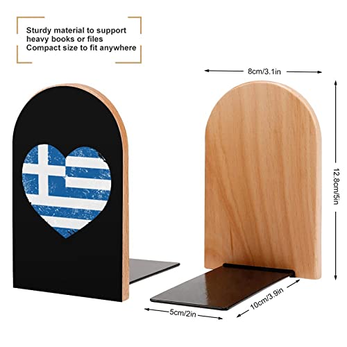 Greece Heart Love Retro Flag Wood Book Ends for Shelves Non-Skid Bookend Book Stand Book Holder Stopper for Home Office School