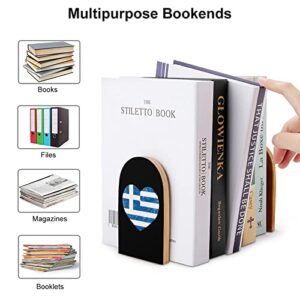 Greece Heart Love Retro Flag Wood Book Ends for Shelves Non-Skid Bookend Book Stand Book Holder Stopper for Home Office School