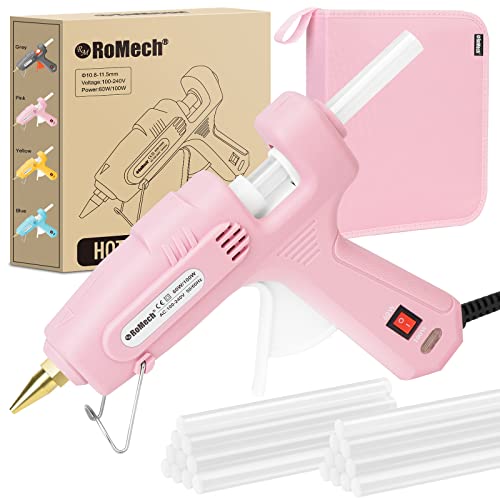 ROMECH Full Size Hot Glue Gun with 60/100W Dual Power and 21 Hot Glue Sticks (7/16"), Fast Preheating Heavy Duty Industrial Gluegun with Storage Case for Crafting, DIY and Repairs (Pink)