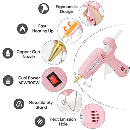 ROMECH Full Size Hot Glue Gun with 60/100W Dual Power and 21 Hot Glue Sticks (7/16"), Fast Preheating Heavy Duty Industrial Gluegun with Storage Case for Crafting, DIY and Repairs (Pink)