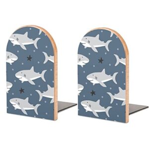 Funny Baby Sharks Wood Book Ends for Shelves Non-Skid Bookend Book Stand Book Holder Stopper for Home Office School