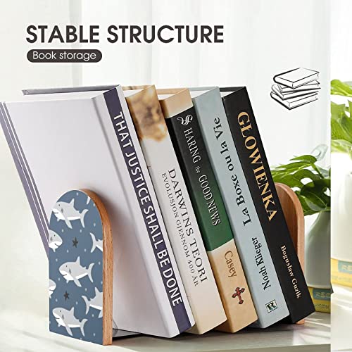 Funny Baby Sharks Wood Book Ends for Shelves Non-Skid Bookend Book Stand Book Holder Stopper for Home Office School