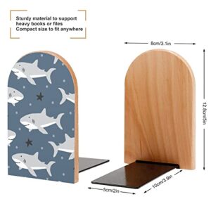 Funny Baby Sharks Wood Book Ends for Shelves Non-Skid Bookend Book Stand Book Holder Stopper for Home Office School