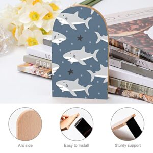 Funny Baby Sharks Wood Book Ends for Shelves Non-Skid Bookend Book Stand Book Holder Stopper for Home Office School