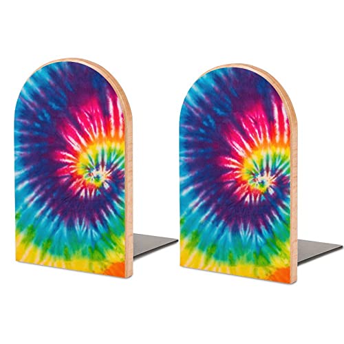 Abstract Swirl Design Tie Dye Wood Book Ends for Shelves Non-Skid Bookend Book Stand Book Holder Stopper for Home Office School