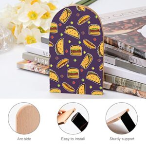 Hamburger and Tacos Wood Book Ends for Shelves Non-Skid Bookend Book Stand Book Holder Stopper for Home Office School