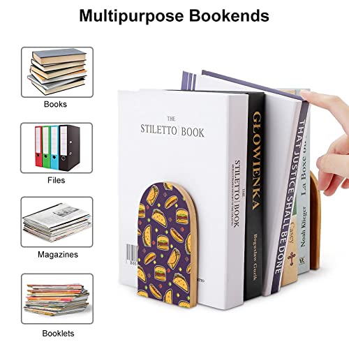 Hamburger and Tacos Wood Book Ends for Shelves Non-Skid Bookend Book Stand Book Holder Stopper for Home Office School