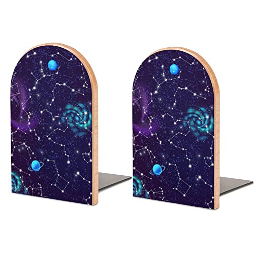 Space Zodiac Constellations Galaxies Planets Wood Book Ends for Shelves Non-Skid Bookend Book Stand Book Holder Stopper for Home Office School