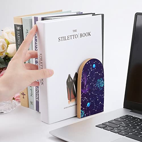 Space Zodiac Constellations Galaxies Planets Wood Book Ends for Shelves Non-Skid Bookend Book Stand Book Holder Stopper for Home Office School