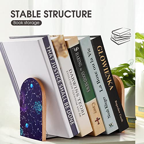 Space Zodiac Constellations Galaxies Planets Wood Book Ends for Shelves Non-Skid Bookend Book Stand Book Holder Stopper for Home Office School