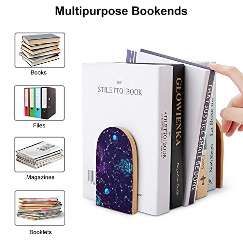 Space Zodiac Constellations Galaxies Planets Wood Book Ends for Shelves Non-Skid Bookend Book Stand Book Holder Stopper for Home Office School