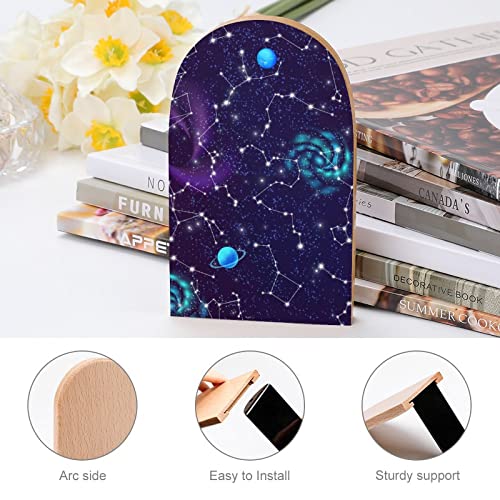 Space Zodiac Constellations Galaxies Planets Wood Book Ends for Shelves Non-Skid Bookend Book Stand Book Holder Stopper for Home Office School